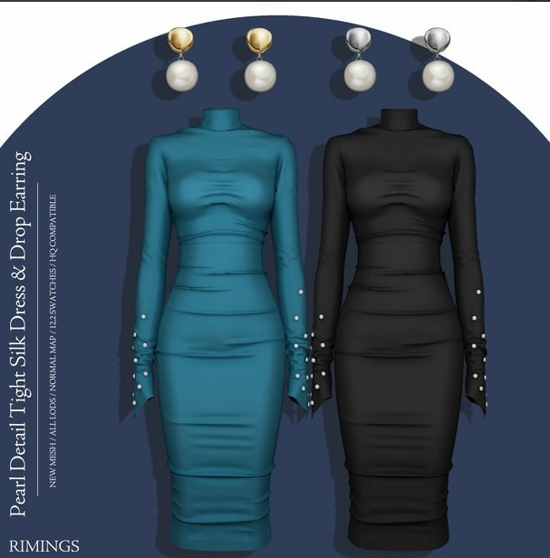RIMINGS - Pearl Dress & Drop Earring для Симс 4. Скачать мод