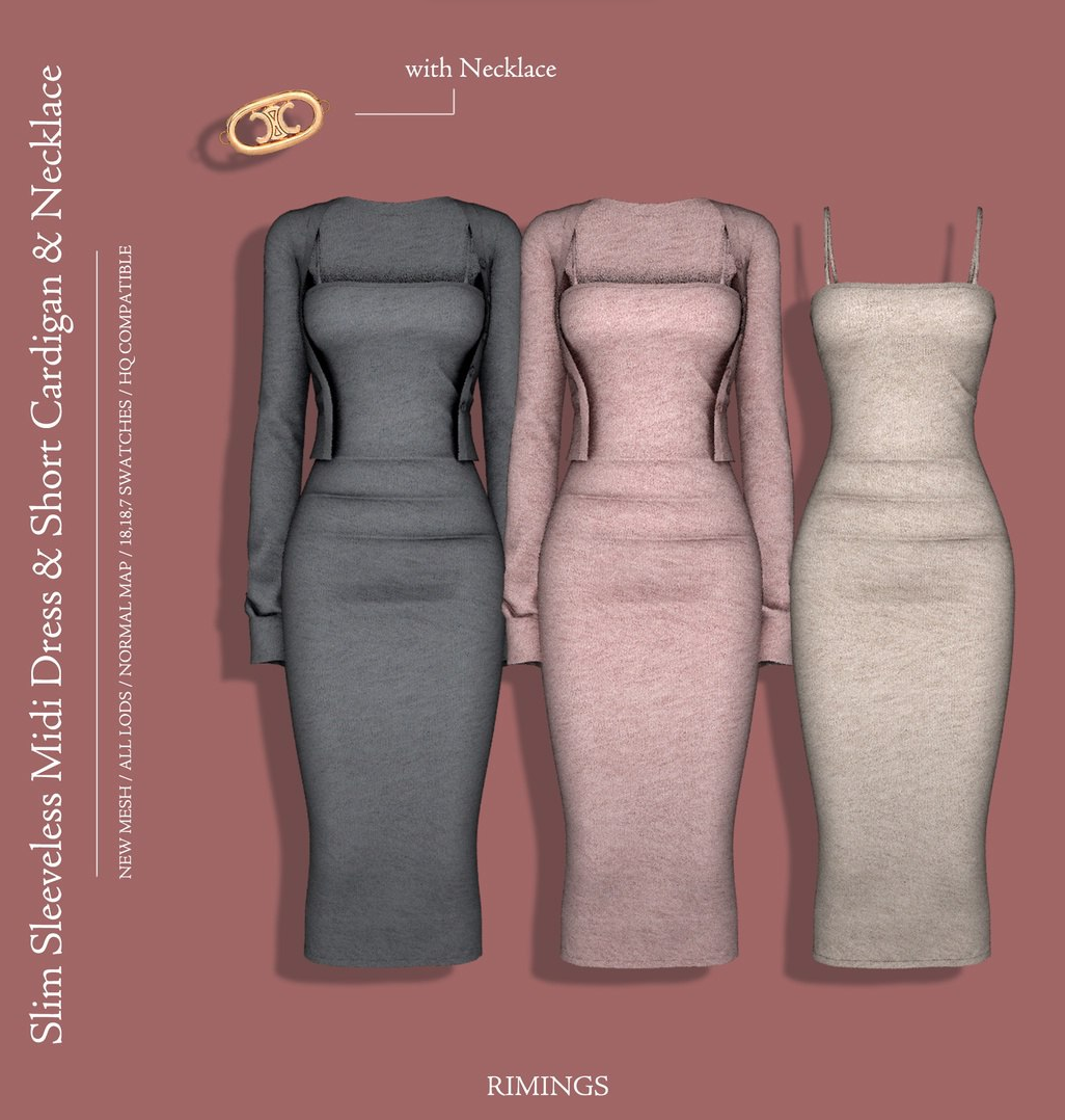 Rimings Midi Dress & Short Cardigan для Симс 4. Скачать мод